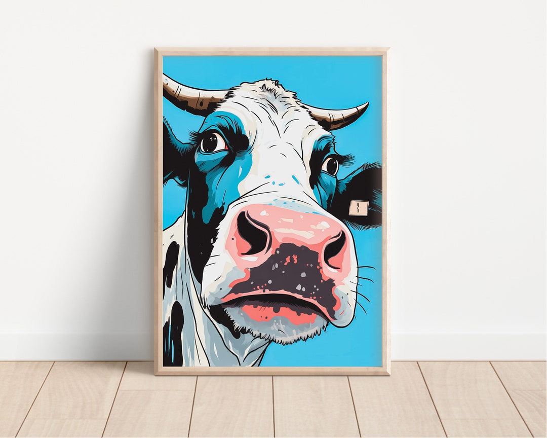 Pop Art Style Cow Poster, Baby Blue Cow, Farm Animals Wall Art ...