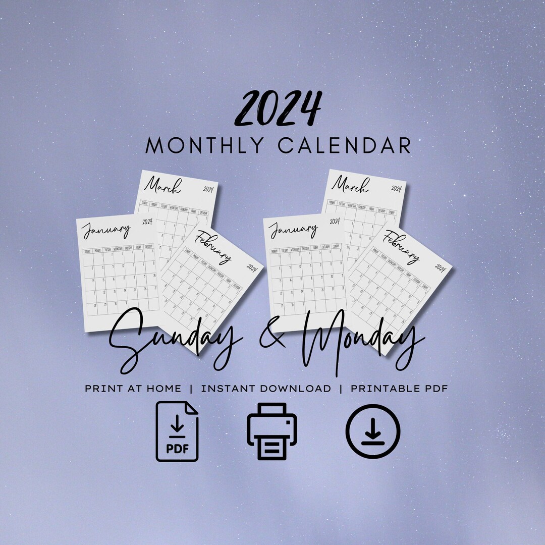 2024 Printable Monthly Calendar, Monday and Sunday Start Calendar ...
