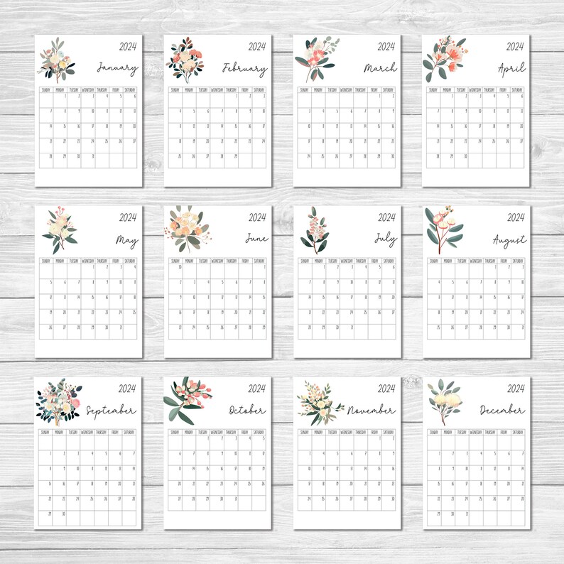 2024 Printable Monthly Calendar Sunday Start Calendar - Etsy