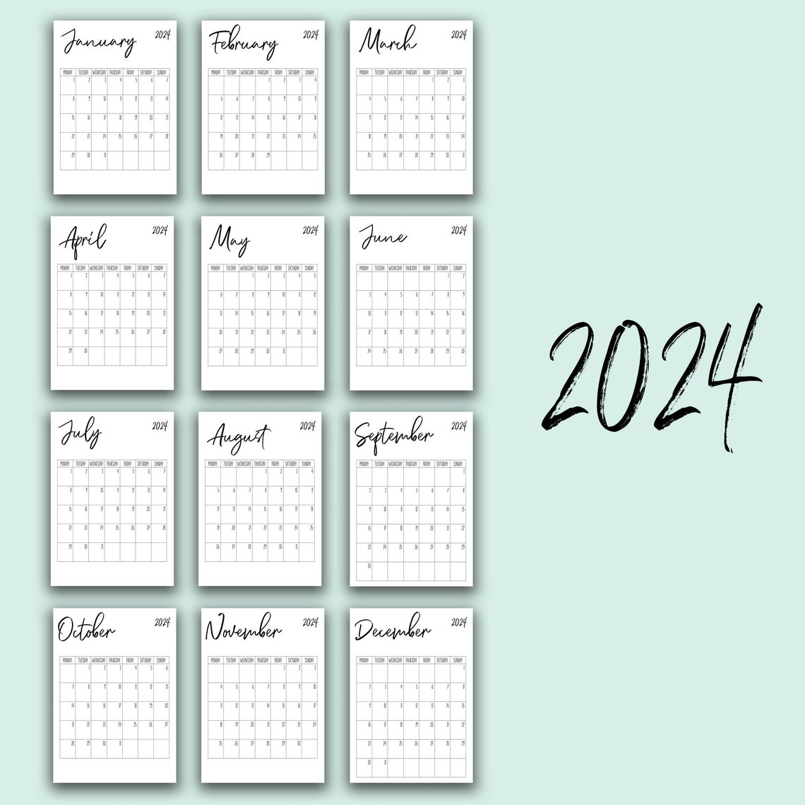 2024 Calendar Printable Blank Design Monthly Calendar Monday - Etsy