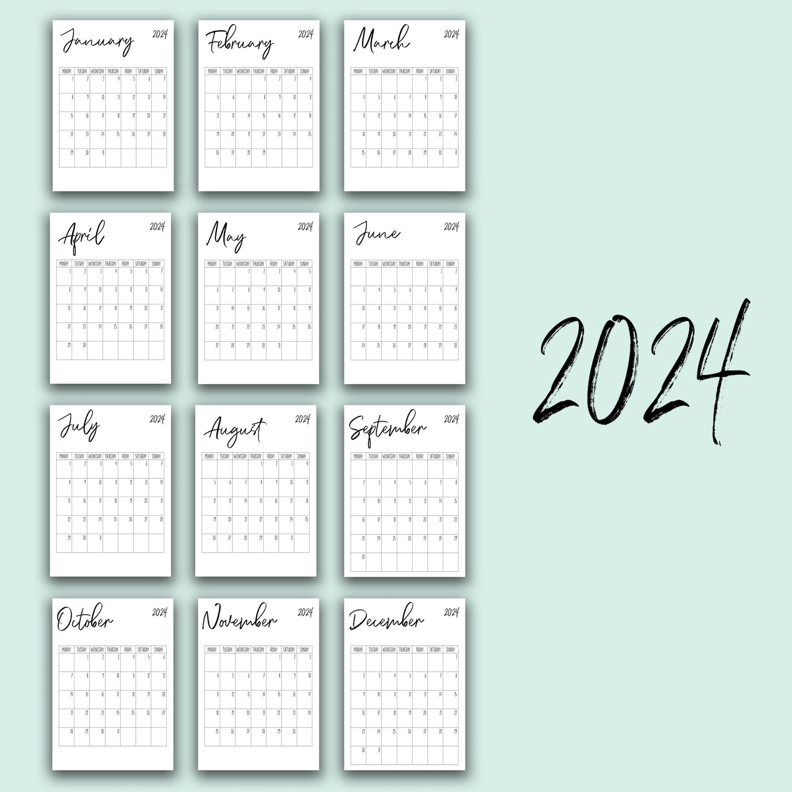 2024 Calendar Printable Blank Design Monthly Calendar Monday - Etsy