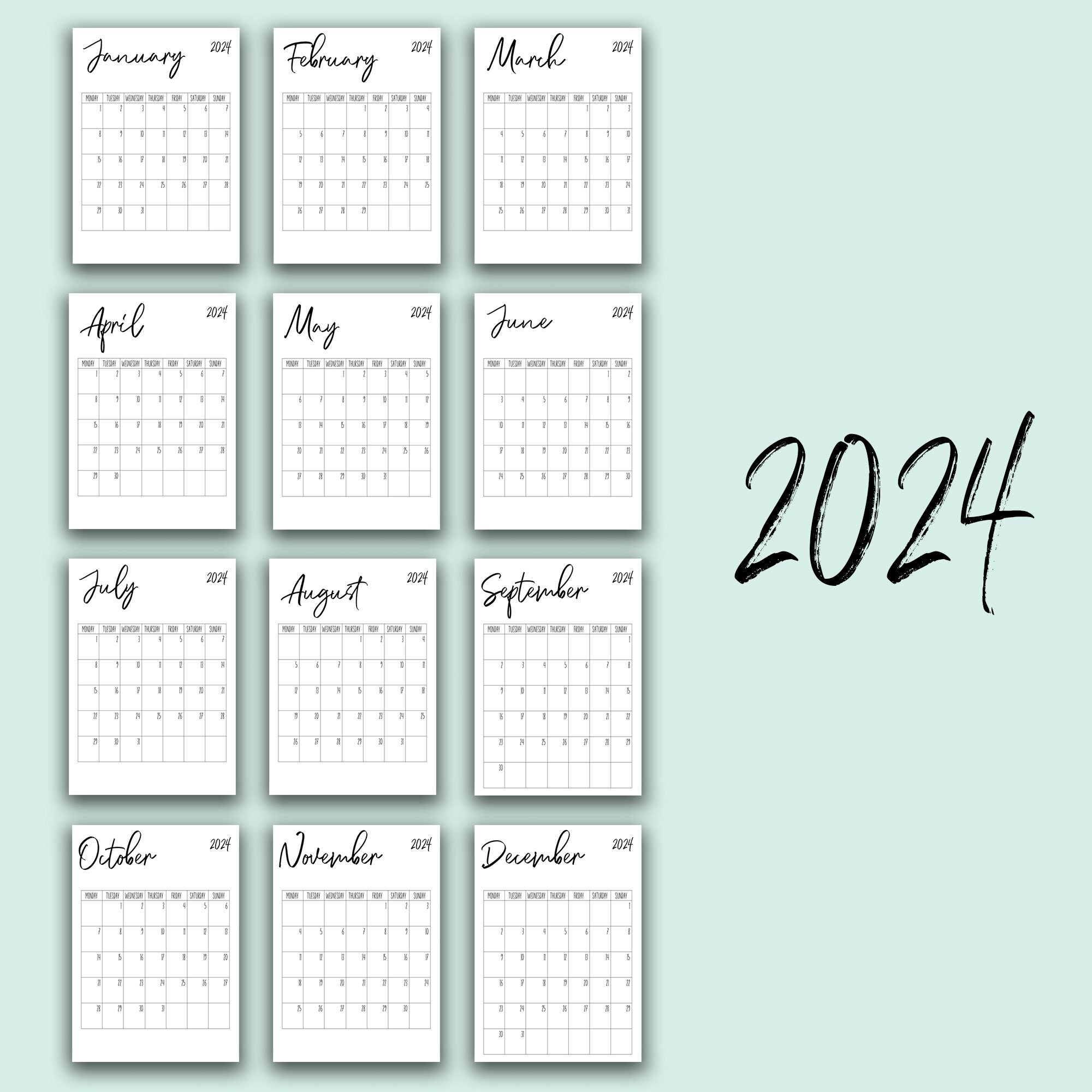 2024 Calendar Printable Blank Design Monthly Calendar Monday - Etsy