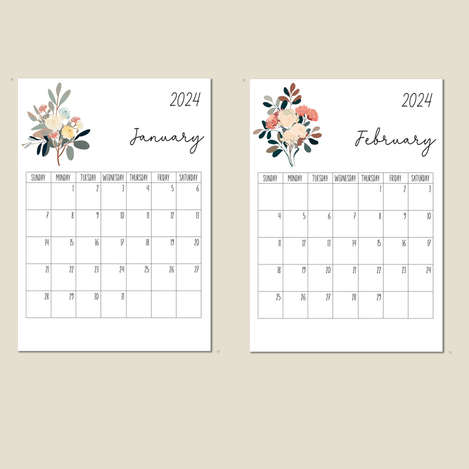 2024 Printable Monthly Calendar Sunday Start Calendar - Etsy