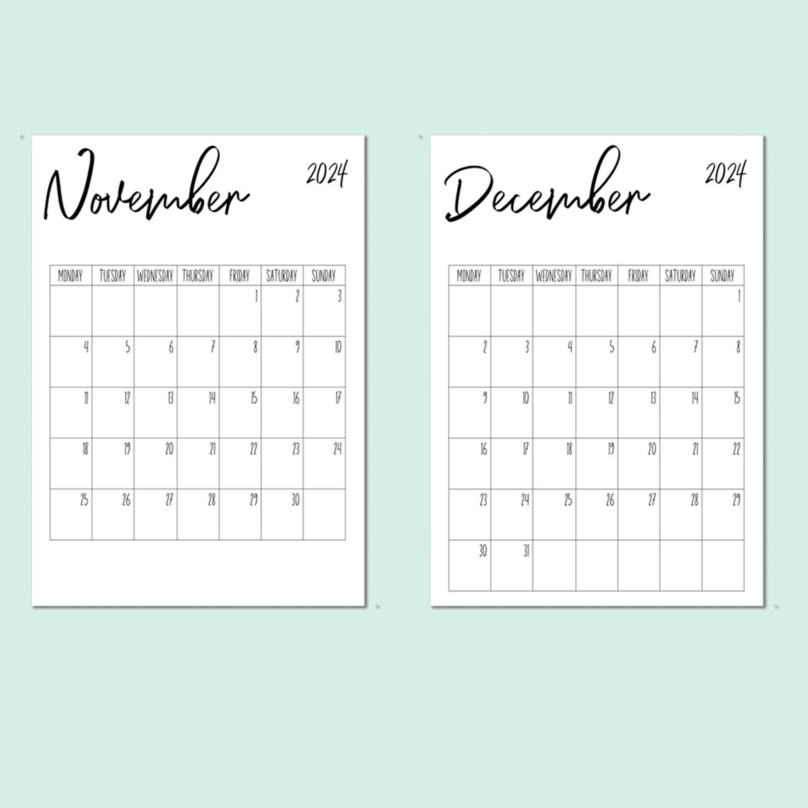 2024 Calendar Printable Blank Design Monthly Calendar Monday - Etsy