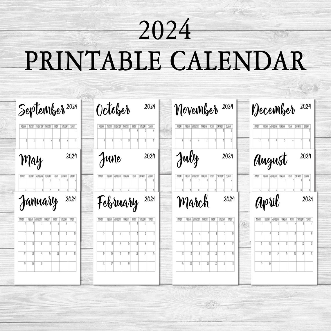 2024 Calendar, Printable Blank Design Monthly Calendar, Monday Start ...