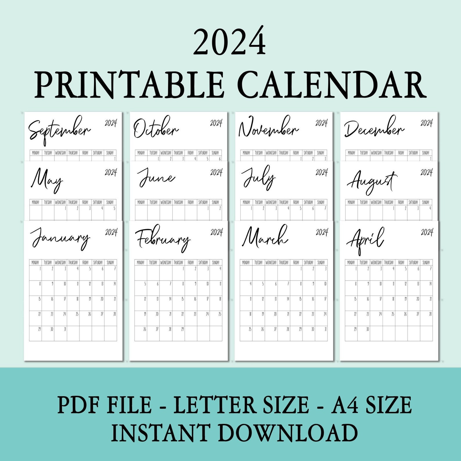 2024 Calendar Printable Blank Design Monthly Calendar Monday - Etsy