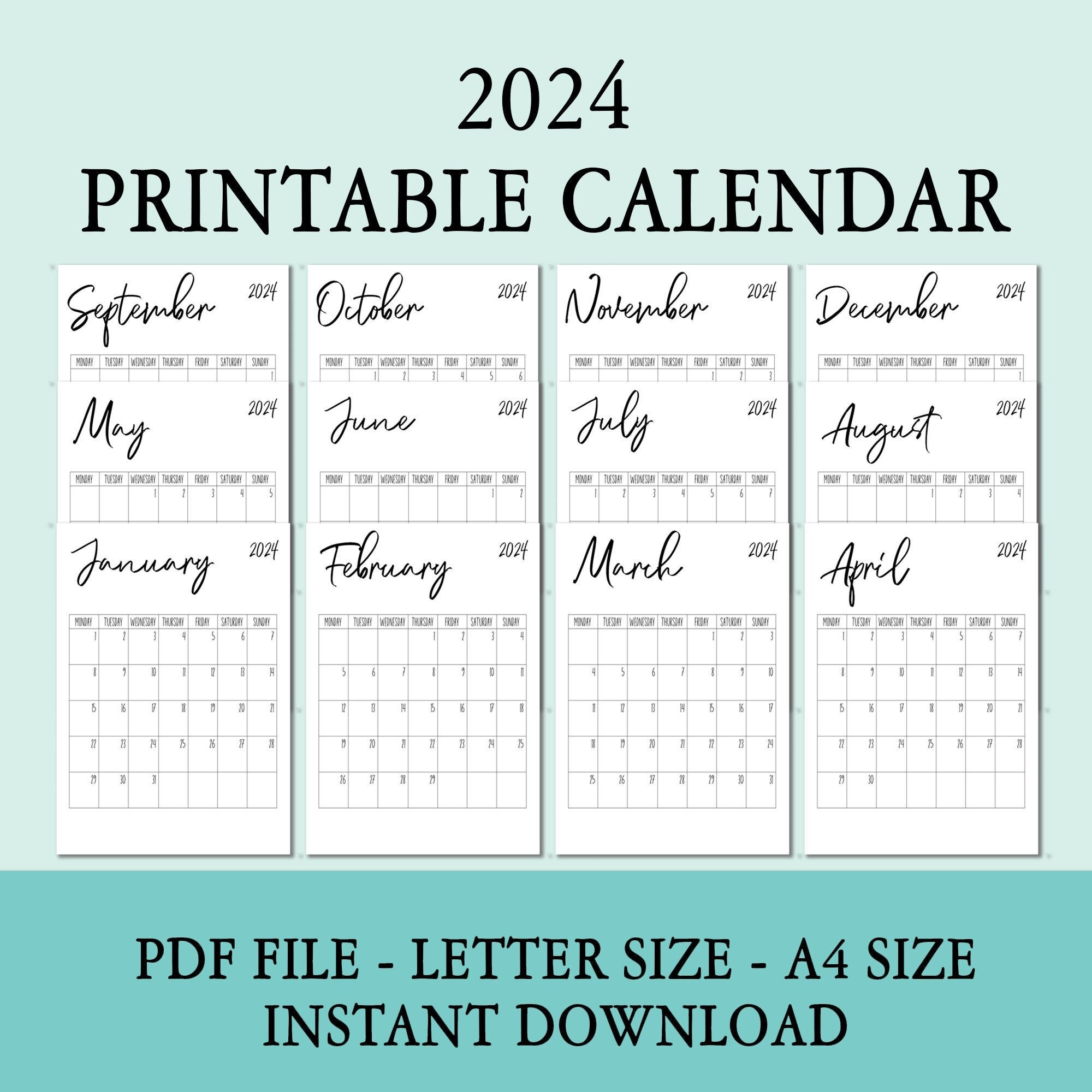 2024 Calendar Printable Blank Design Monthly Calendar Monday - Etsy