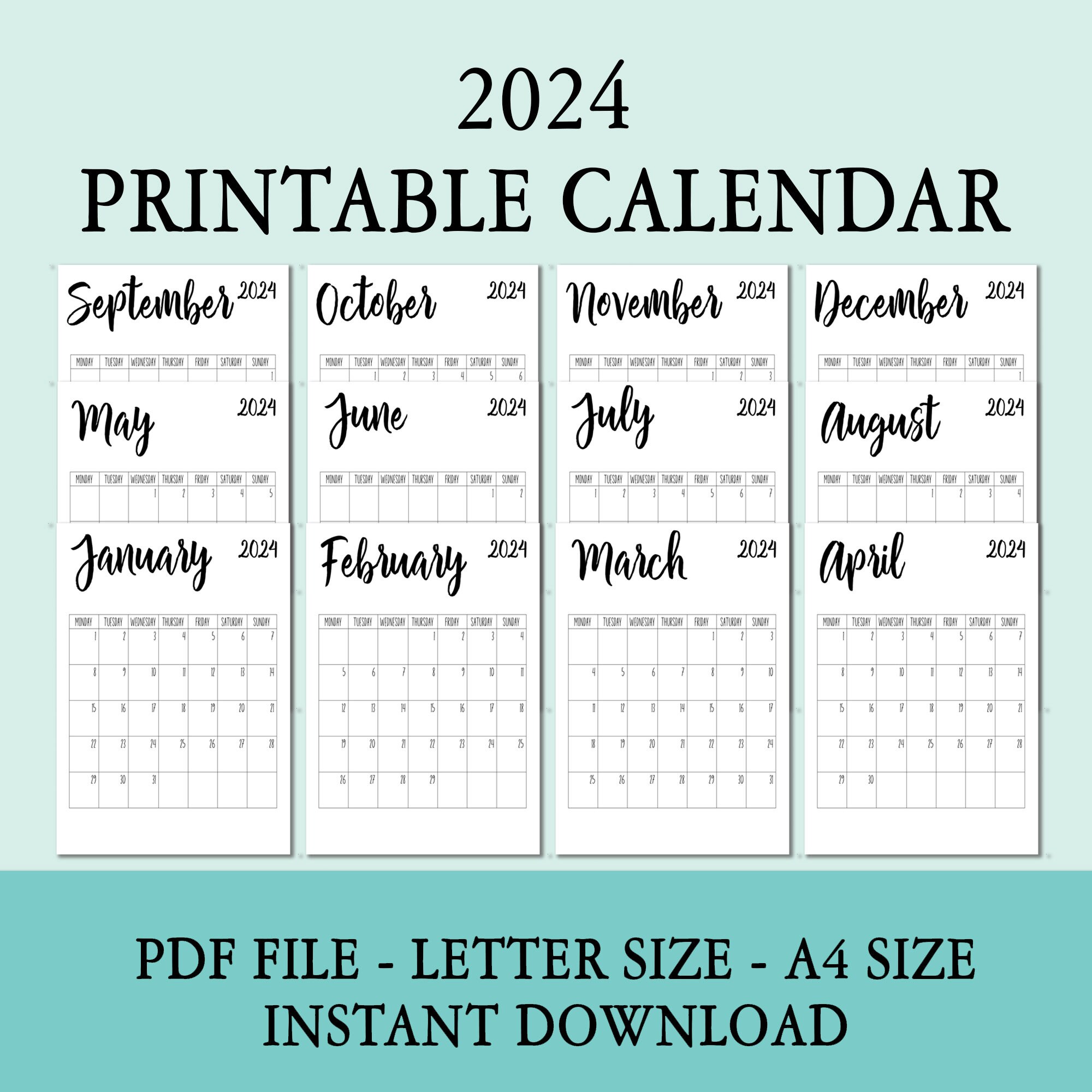 2024 Calendar Printable Blank Design Monthly Calendar Monday - Etsy ...