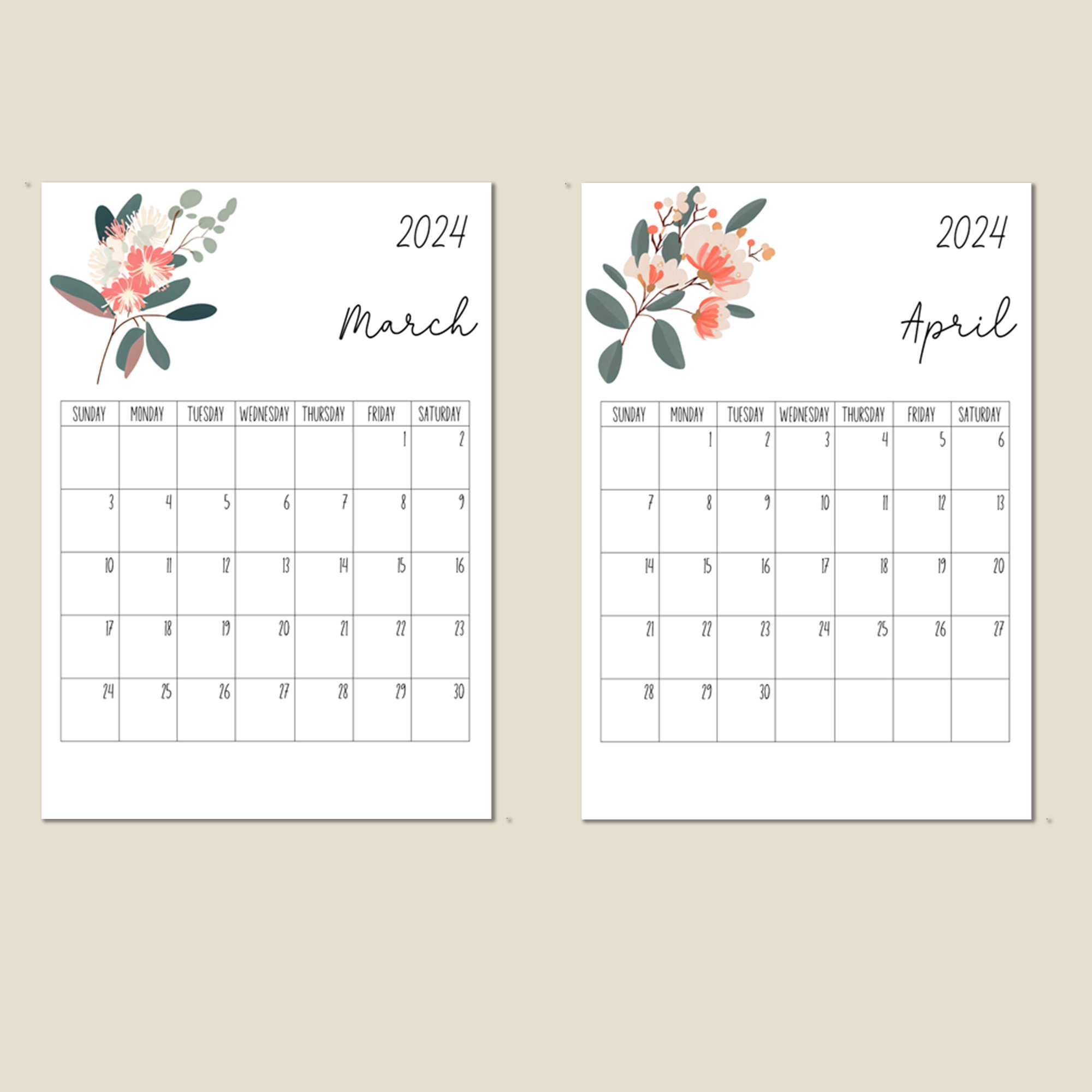 2024 Printable Monthly Calendar Sunday Start Calendar - Etsy