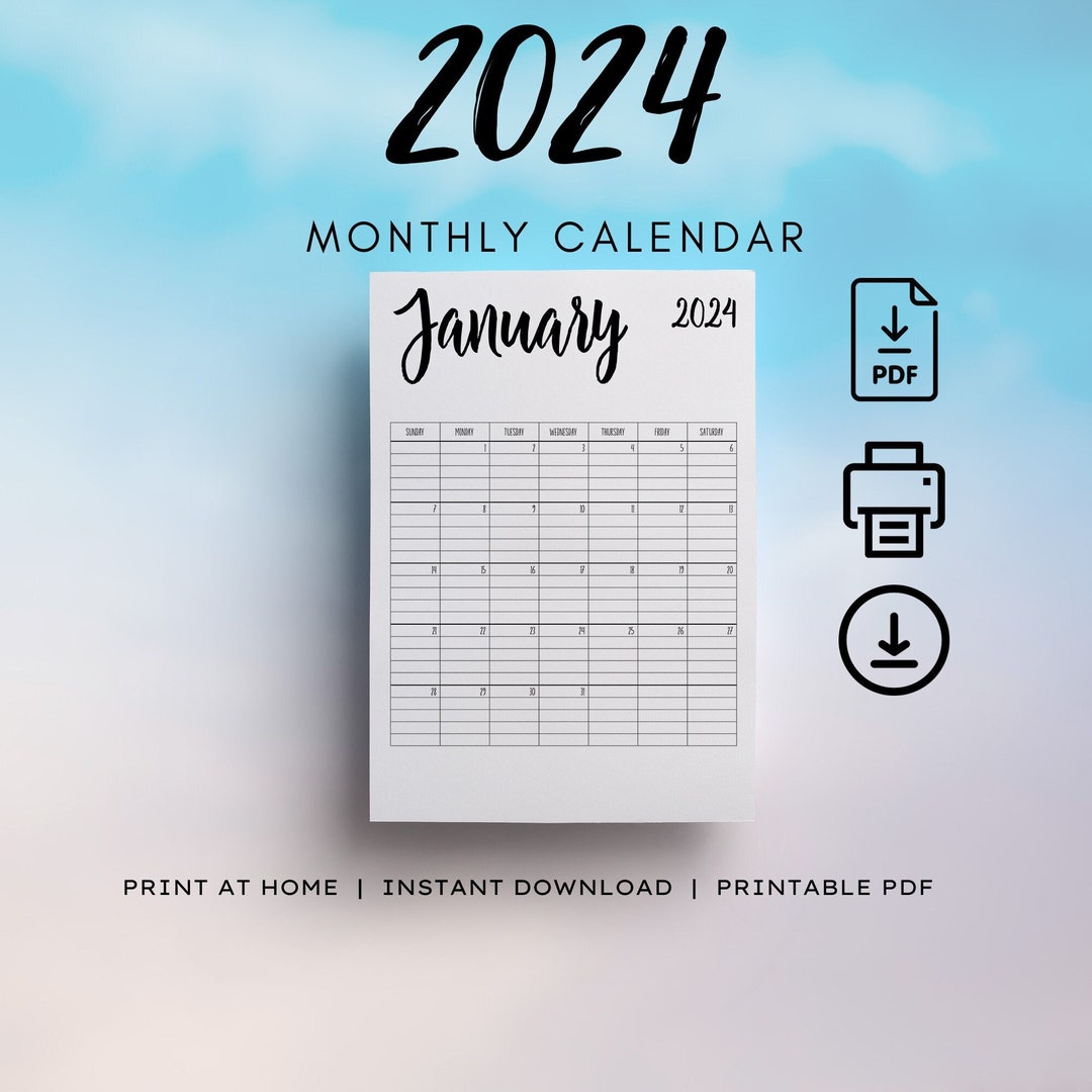 2024 Calendar, Lined Printable Monthly Calendar, Sunday Start Portrait ...