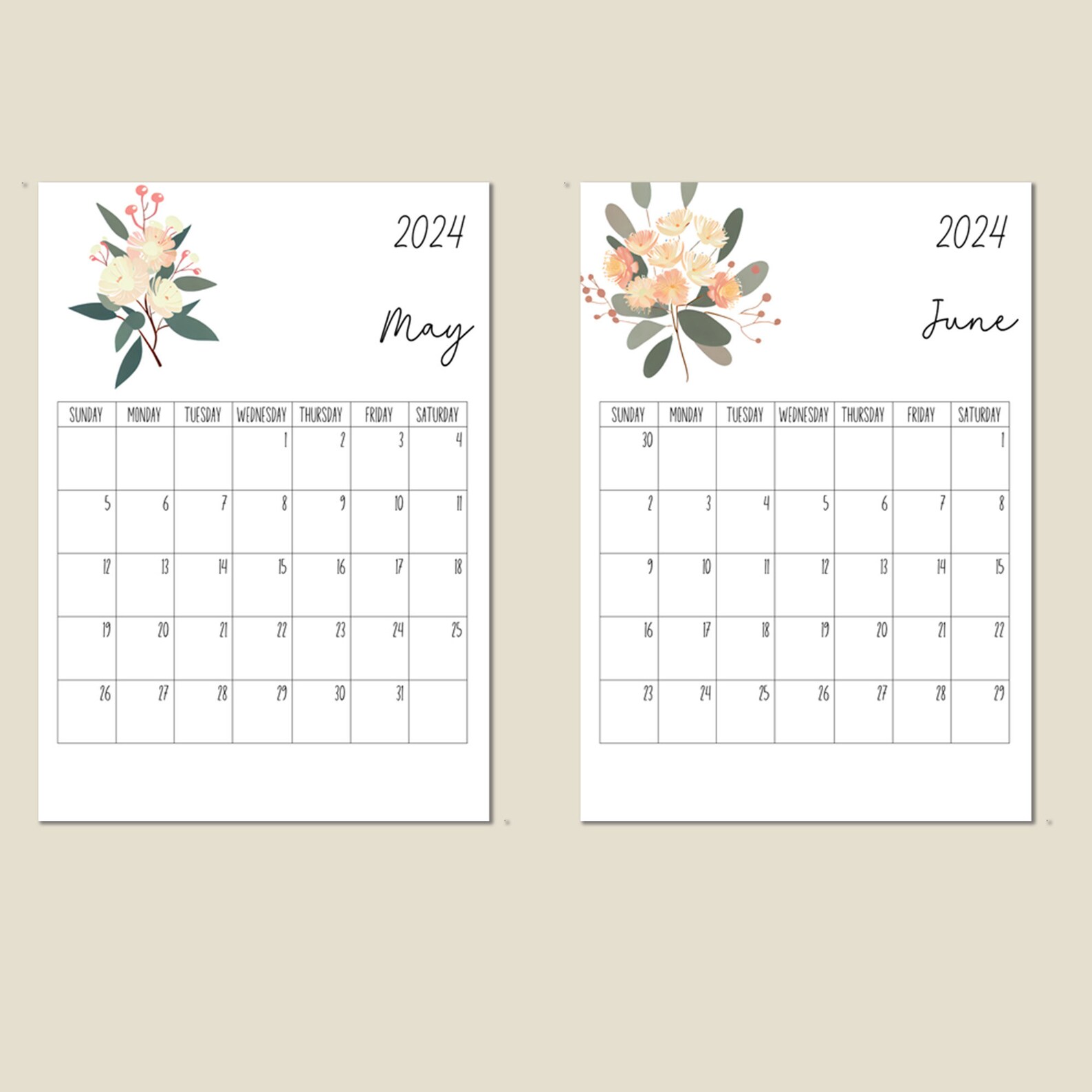 2024 Printable Monthly Calendar Sunday Start Calendar - Etsy