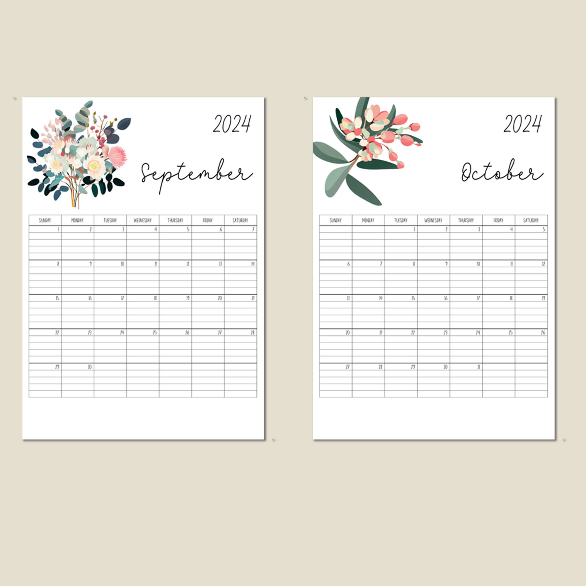 2024 Printable Lined Monthly Calendar Sunday Start Calendar - Etsy