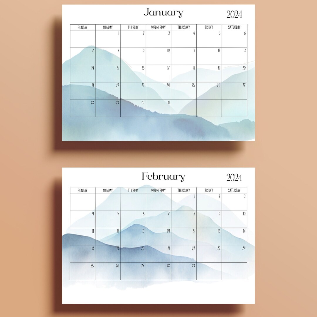 2024 Calendar Printable, Watercolour Mountain Design Monthly Calendar ...