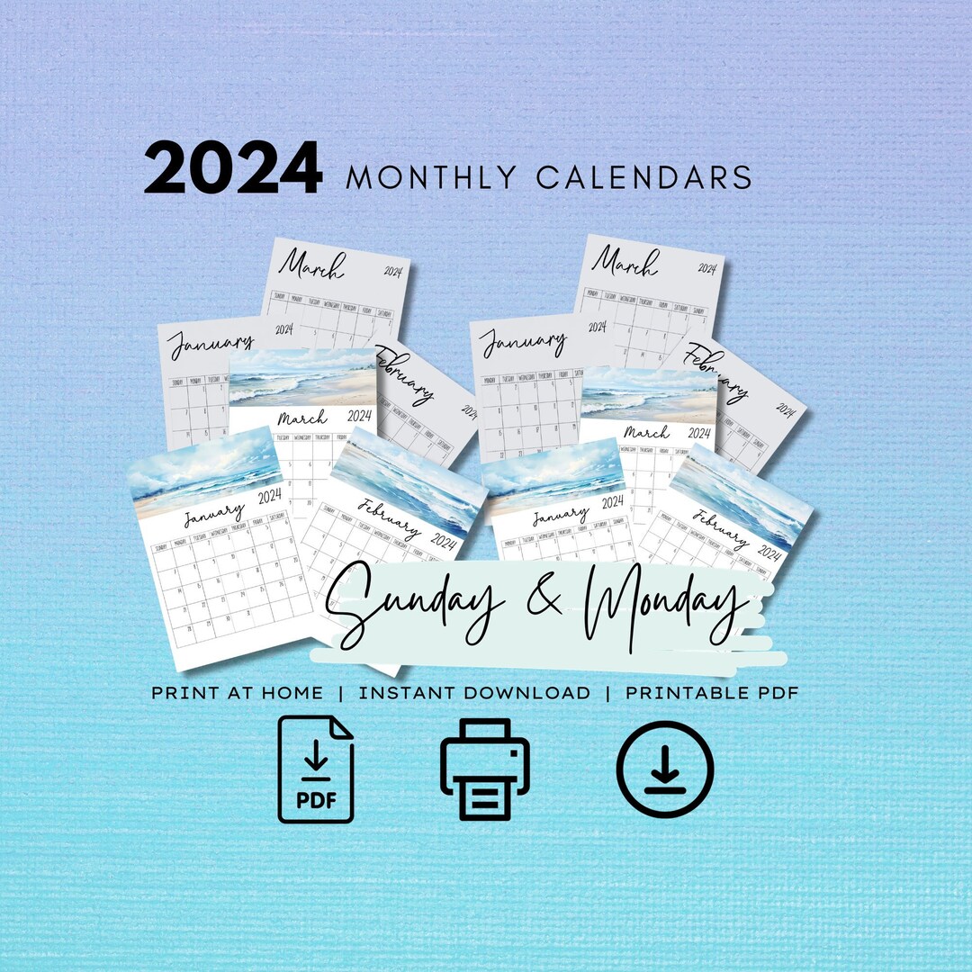 4 Calendars 2024 Printable Monthly Calendar, Monday and Sunday Start ...