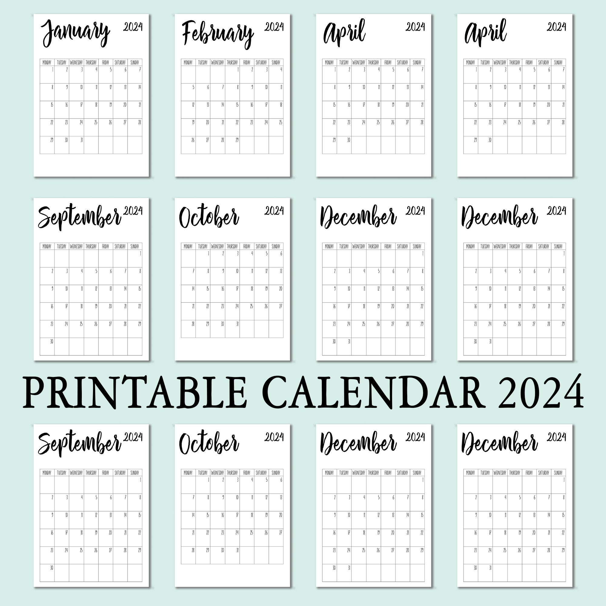 2024 Calendar Printable Blank Design Monthly Calendar, Monday Start ...