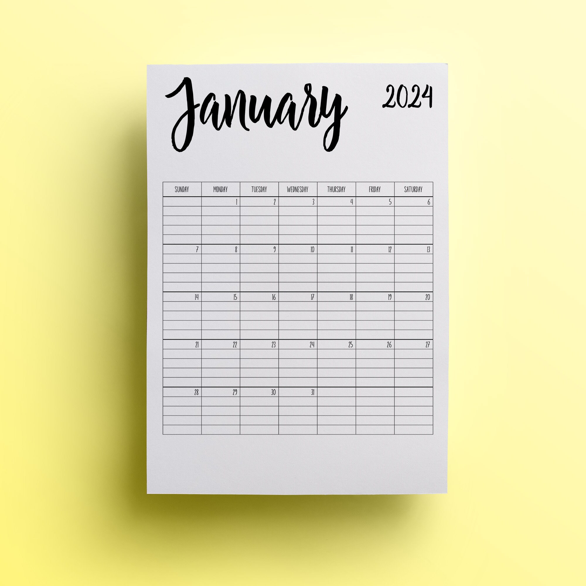 2024 Calendar, Lined Printable Monthly Calendar, Sunday Start Portrait ...