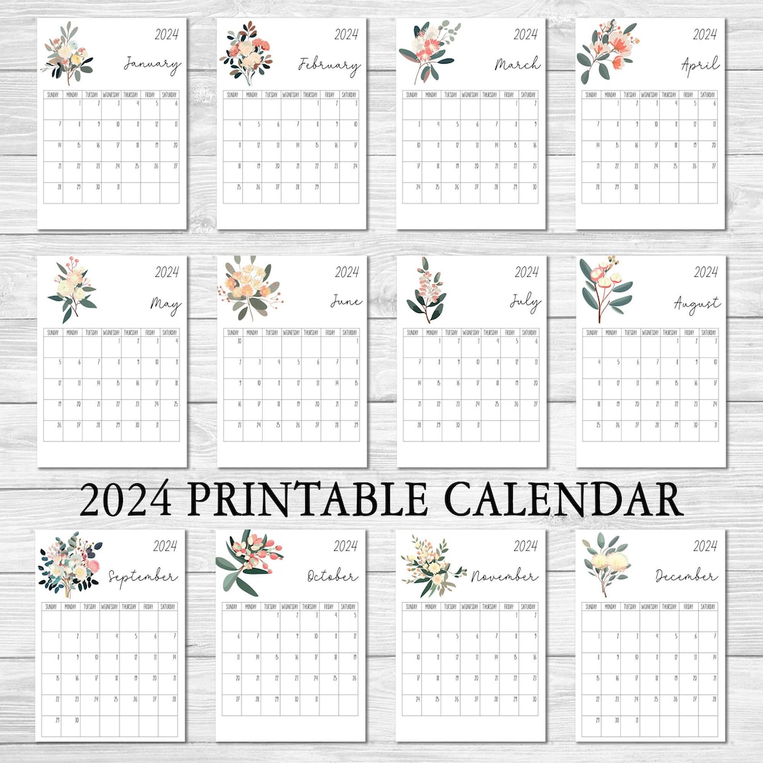 2024 Printable Monthly Calendar Sunday Start Calendar - Etsy