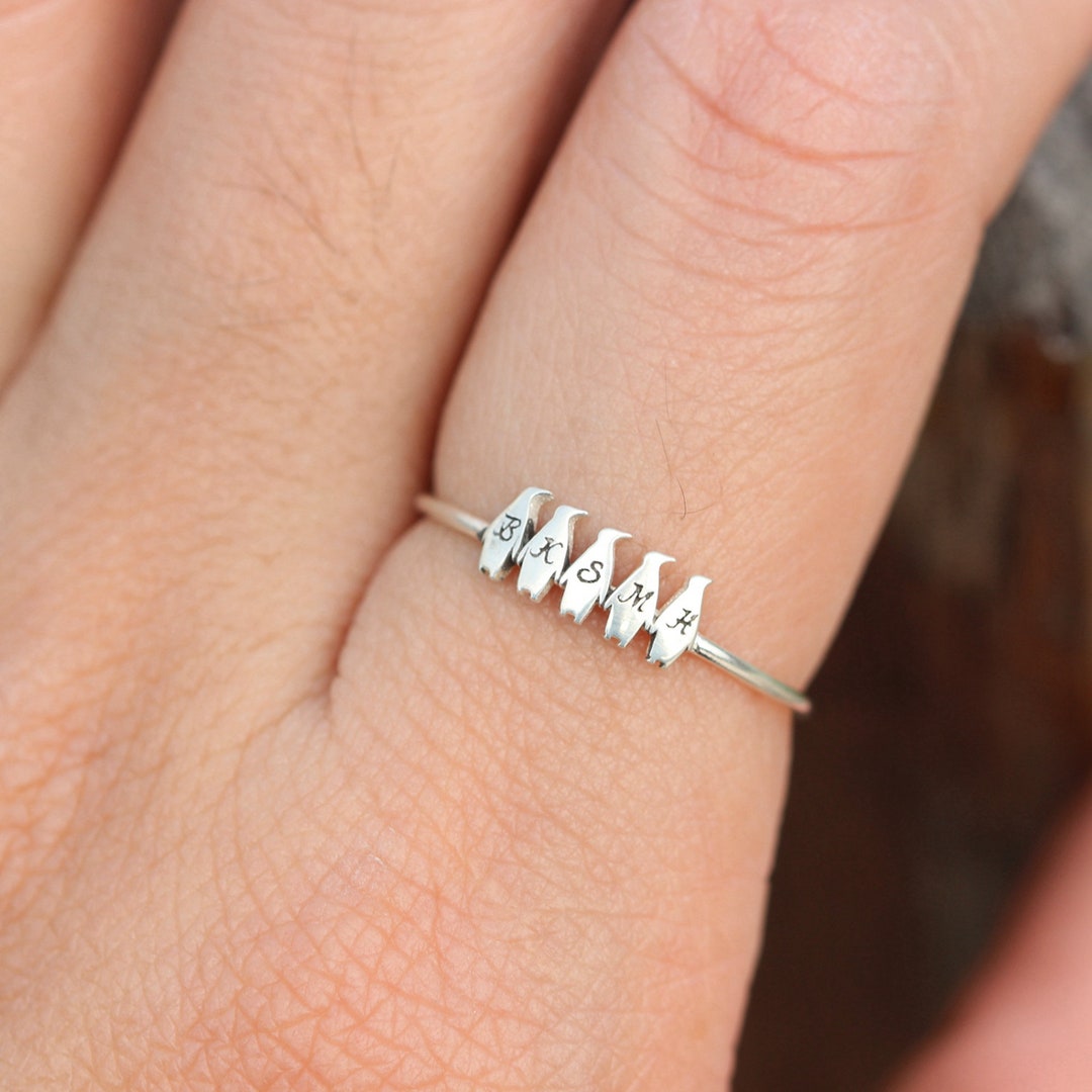 Custom Initial Ring,personalized Penguin Ring,sterling Silver Ring ...