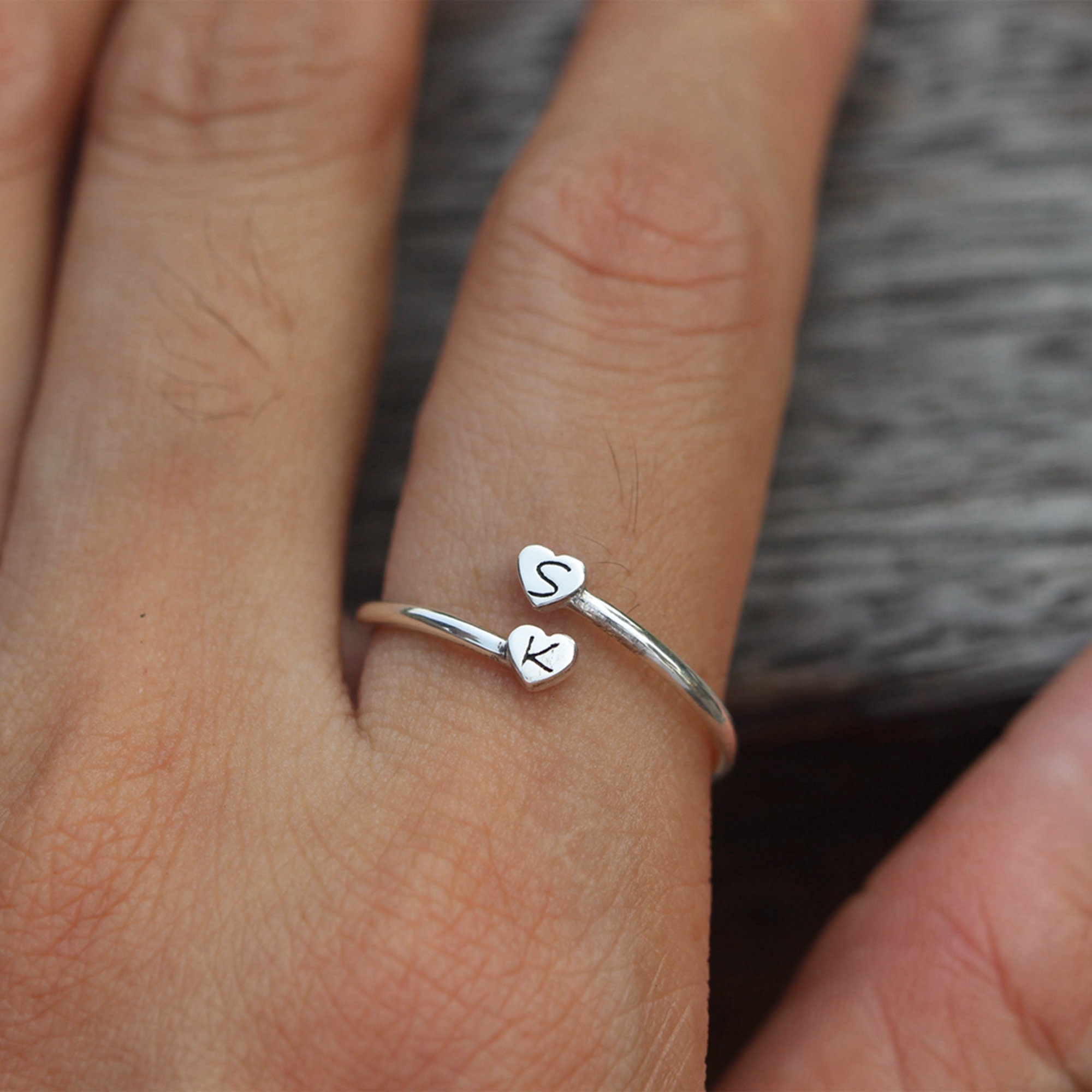 Personalized Sterling Silver Open Heart Ring: Custom Initial Stacking ...
