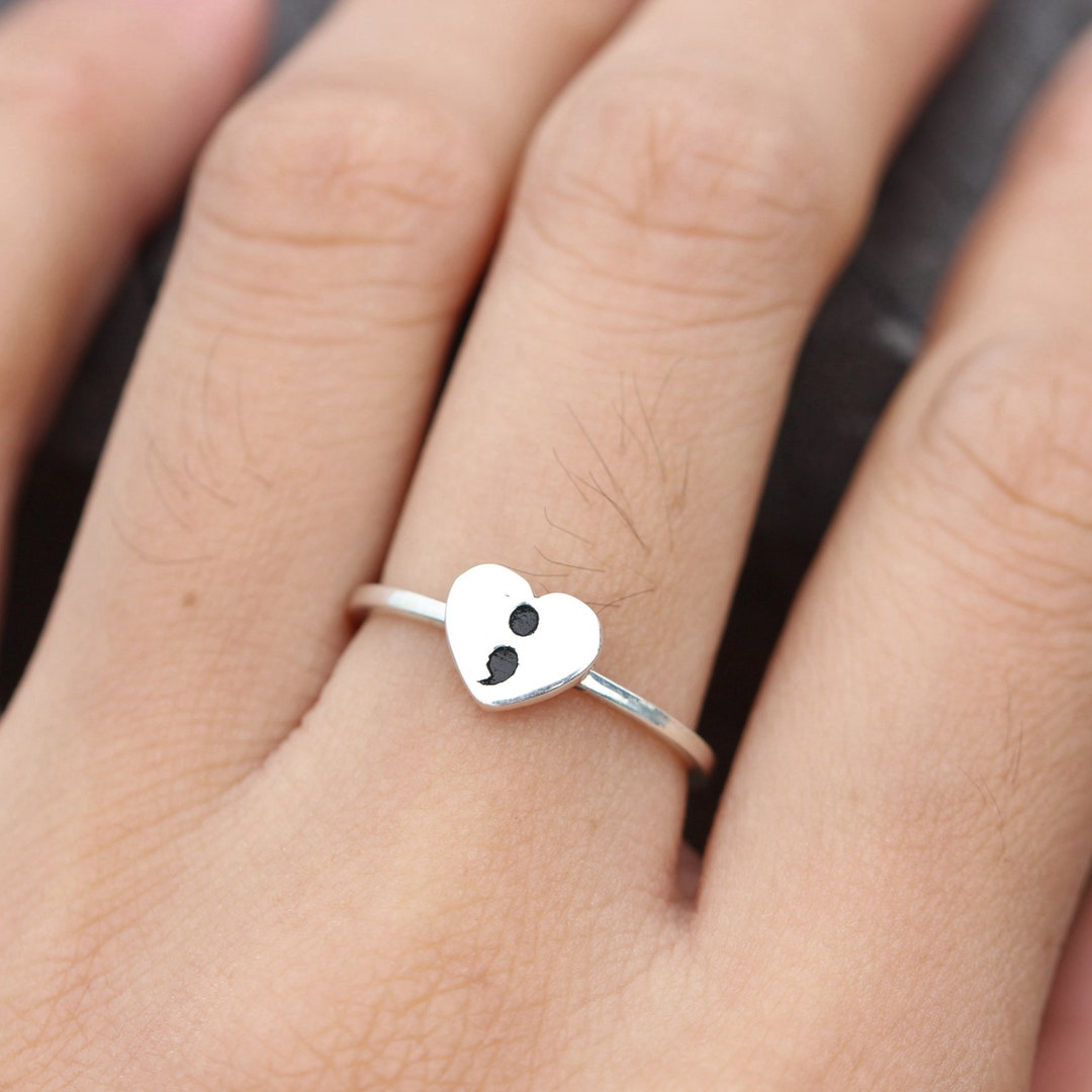 925 Silver Semicolon Ring,silver Heart Dot Ring,heart Semicolon Ring ...