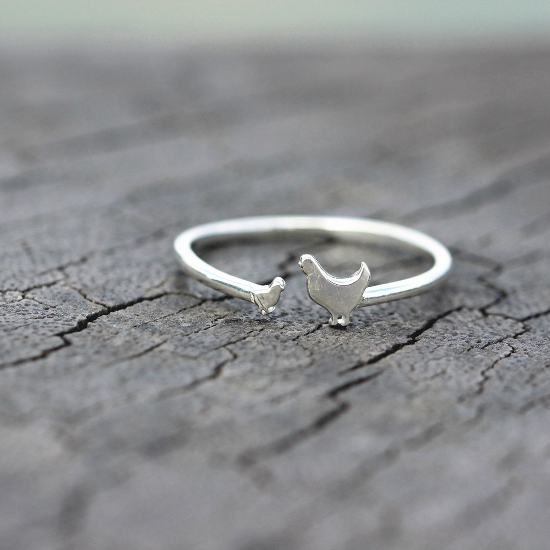 Sterling Silver Chicken Ring: Hen & Chick, Adjustable Family Jewelry - Etsy