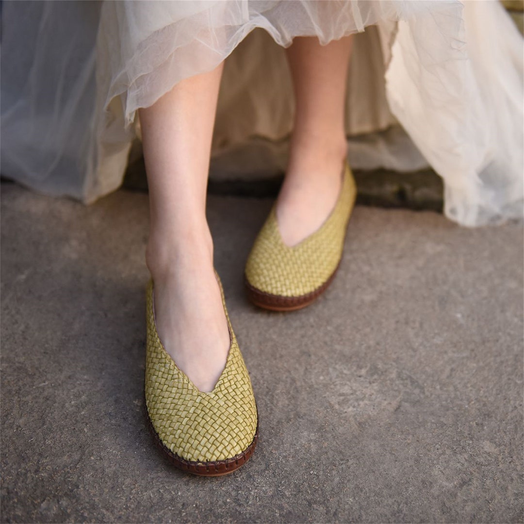 Retro Handmade Leather Woven Pumps Women's Flat Granny Shoes - Etsy