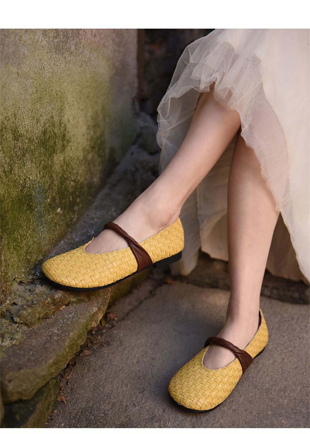 Retro Leather Braided Mary Jane Shoes Women's Pumps Flat Sole Soft Sole ...