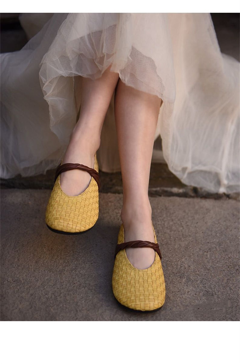 Retro Leather Braided Mary Jane Shoes Women's Pumps Flat Sole Soft Sole ...