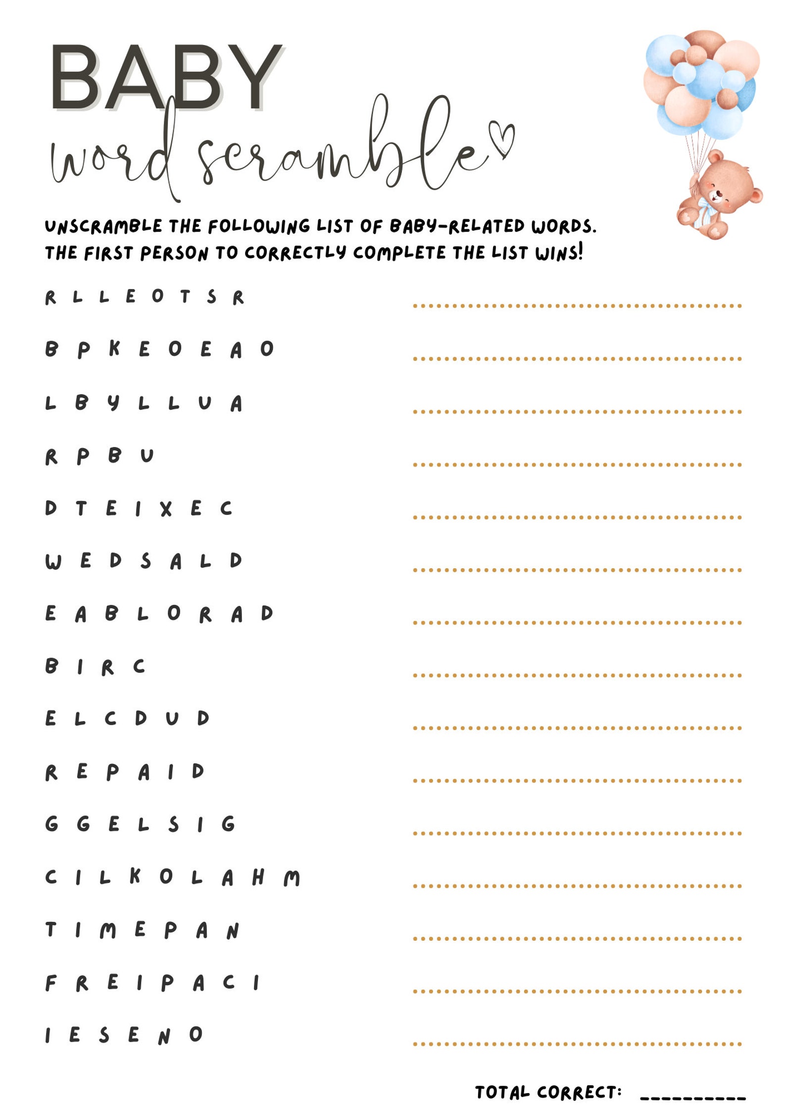 Baby Shower Word Scramble | Baby Shower Game - Etsy
