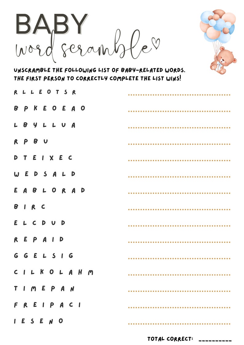 Baby Shower Word Scramble | Baby Shower Game - Etsy