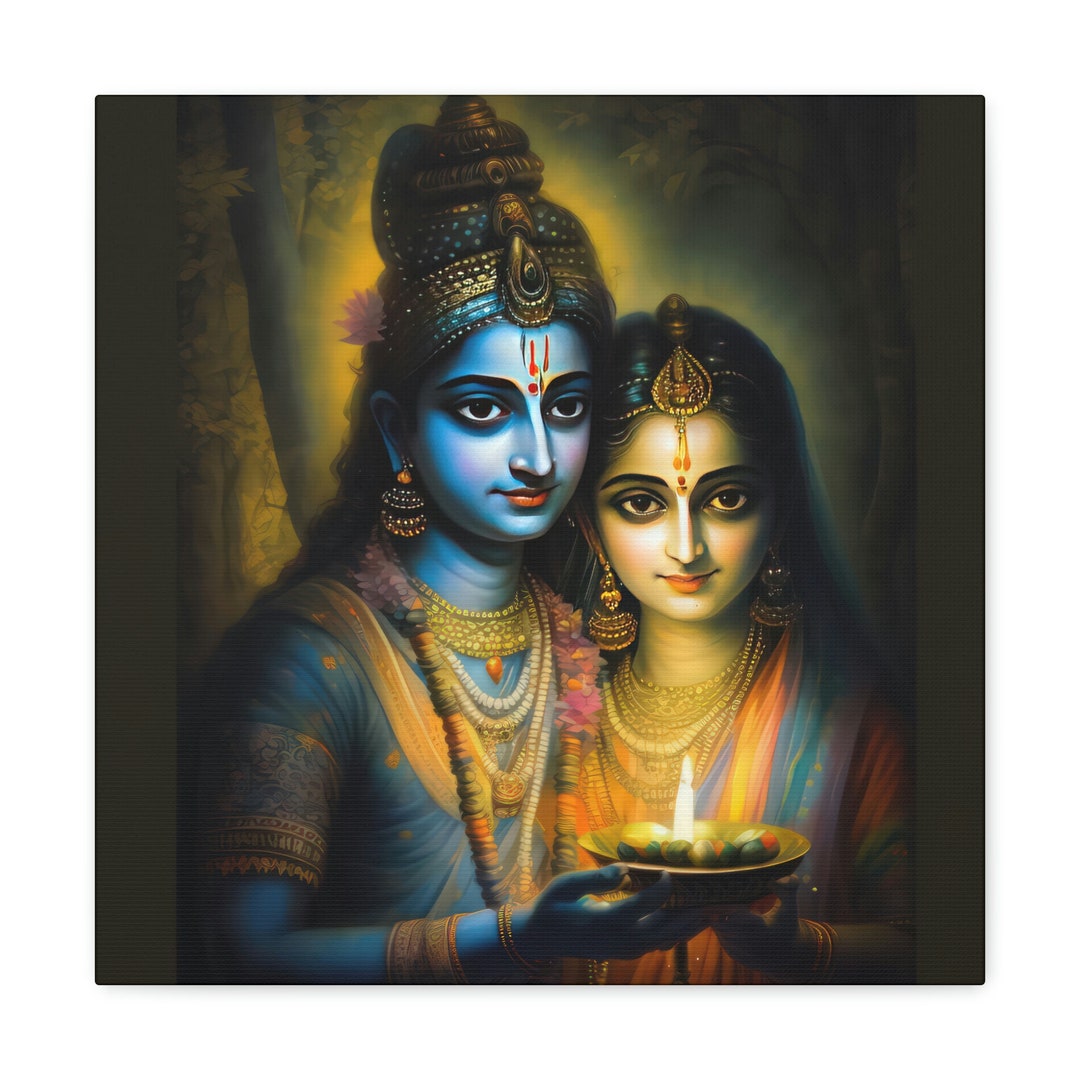 Krishna and Radha Holding a Lamp, Lord Krishna Art, Lord Krishna ...