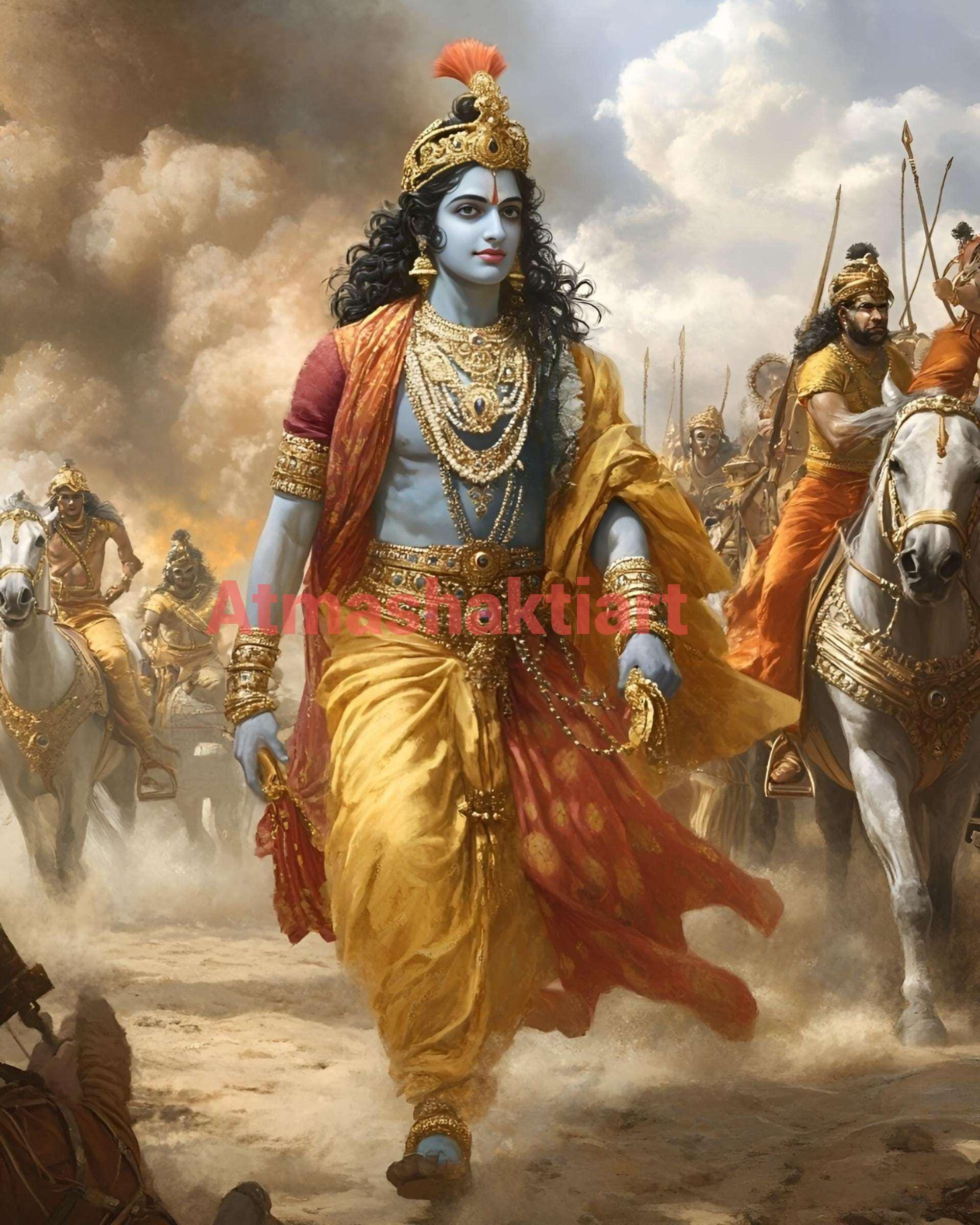 Sacred Krishna Mahabharat Battlefield Spiritual Painting for Home Decor ...