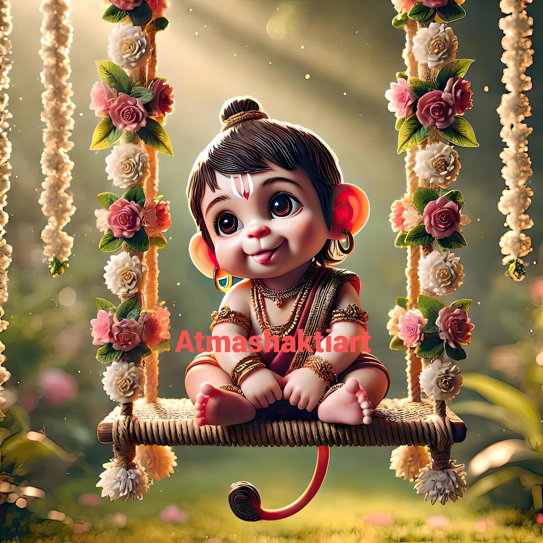 Baby Hanuman Floral Swing Art: Hindu God Digital Print (digital ...