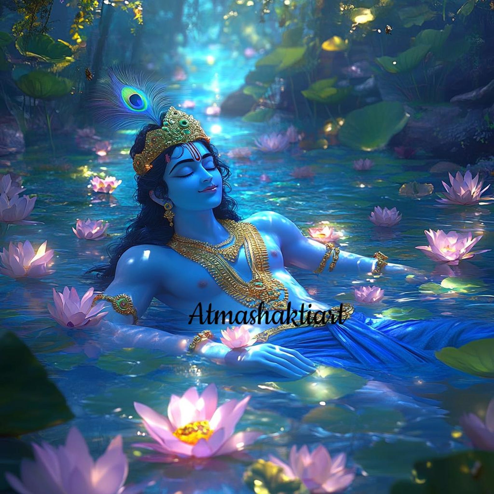Lord Krishna in a Pond | Lotus Art | Digital Art | Digital Download ...