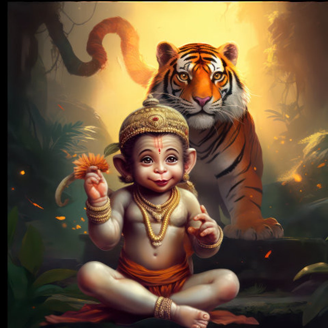 Lord Hanuman With a Tiger Baby Hanuman Hindu God Monkey - Etsy