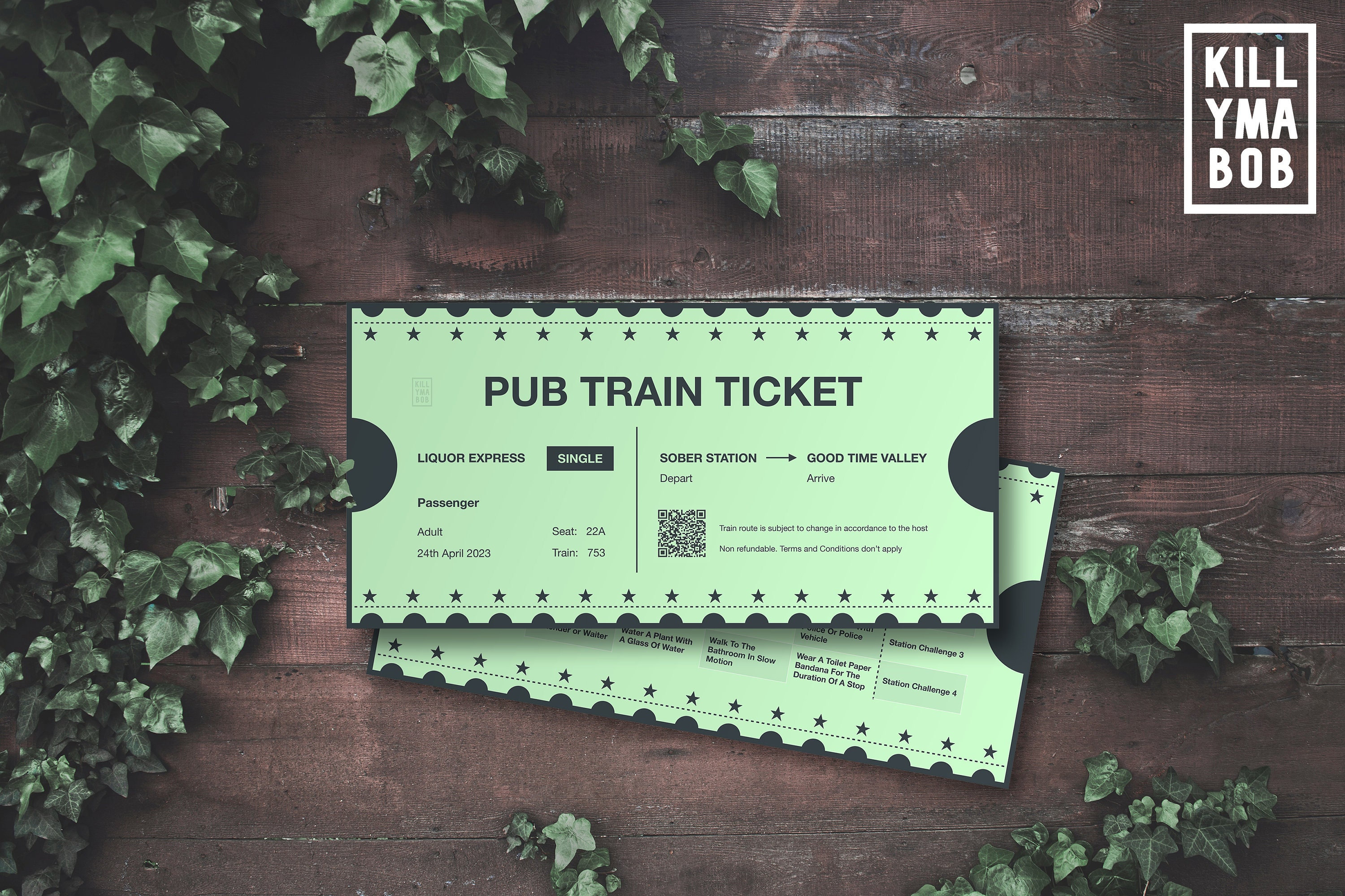 Pub Crawl Challenges & Scorecard | Train Ticket Theme | Digital ...