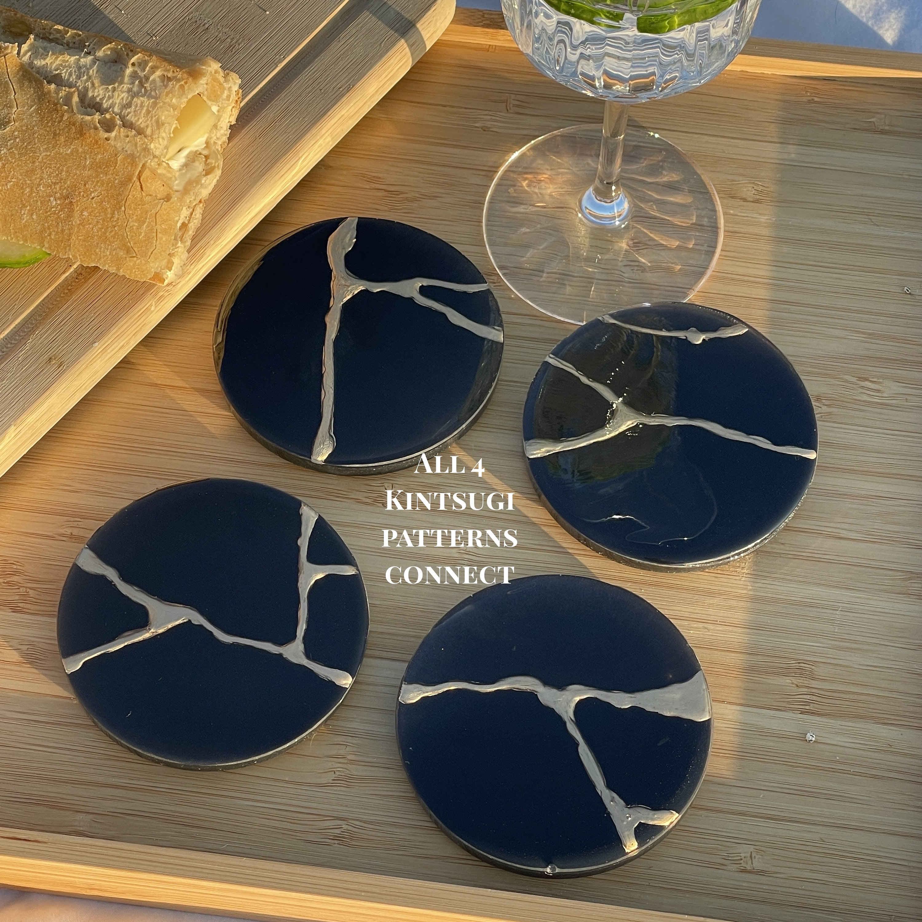 Set of 4 Kintsugi Round Coasters Pack Epoxy Resin Black White - Etsy