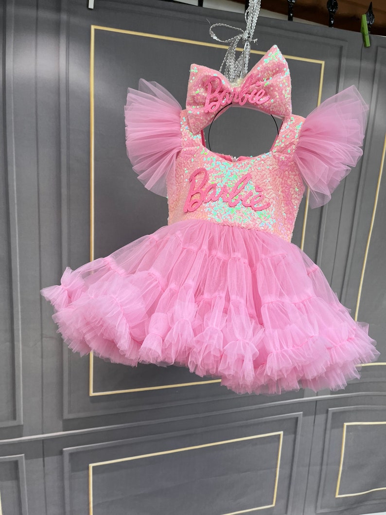 Pink Barbie Dress, Personalized Birthday Pink Puffy Dress With Sequins ...