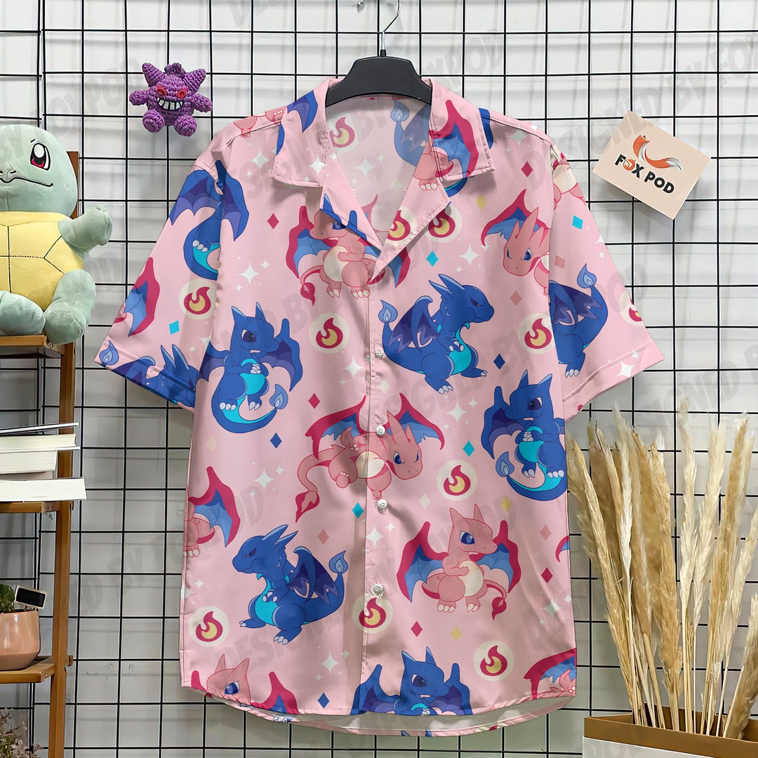 Mega Charizard Hawaiian Shirt, Button up Shirt, Mega Charizard Birthday ...