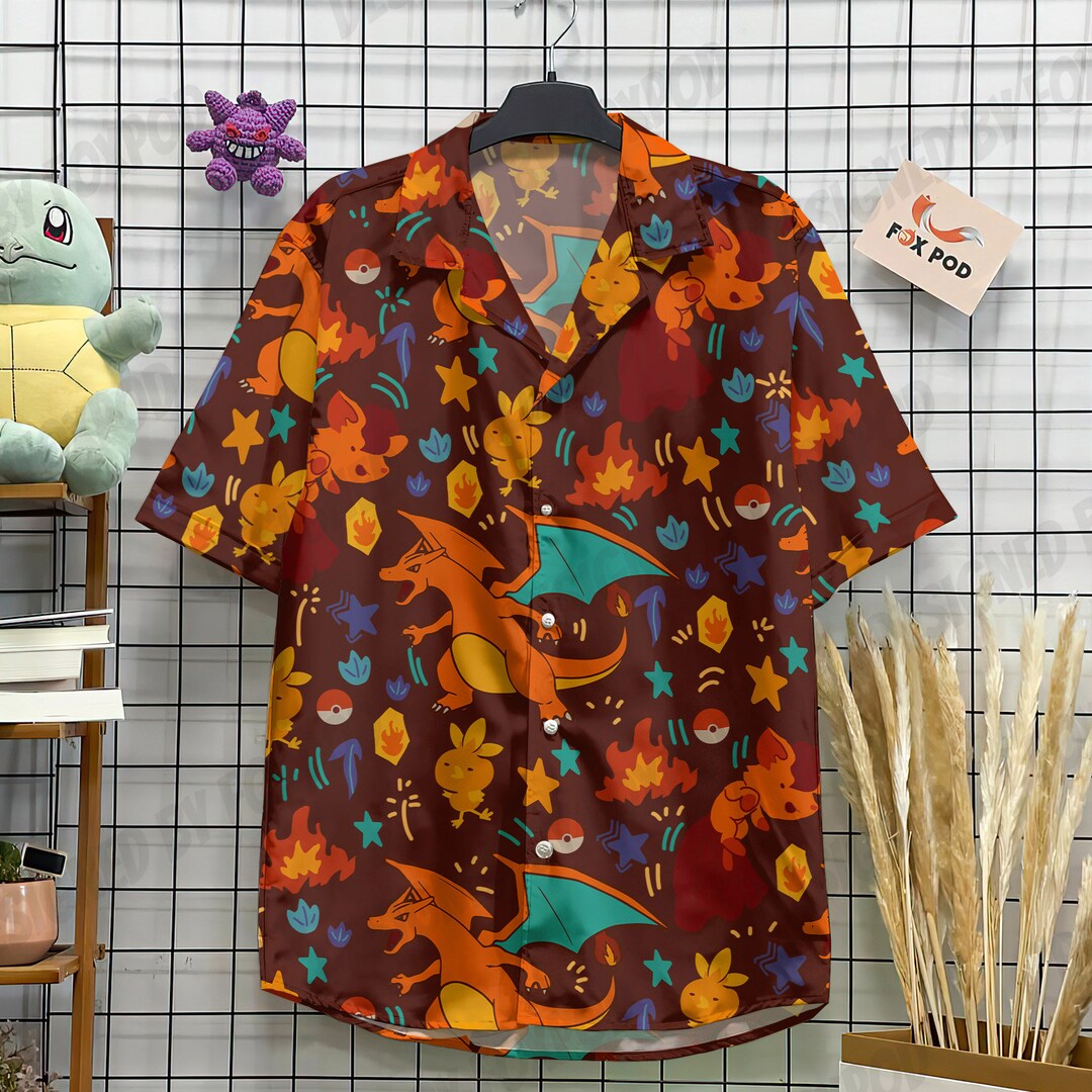 Charizard Fire Red Hawaiian Shirt, Button up Shirt, Charizard Birthday ...