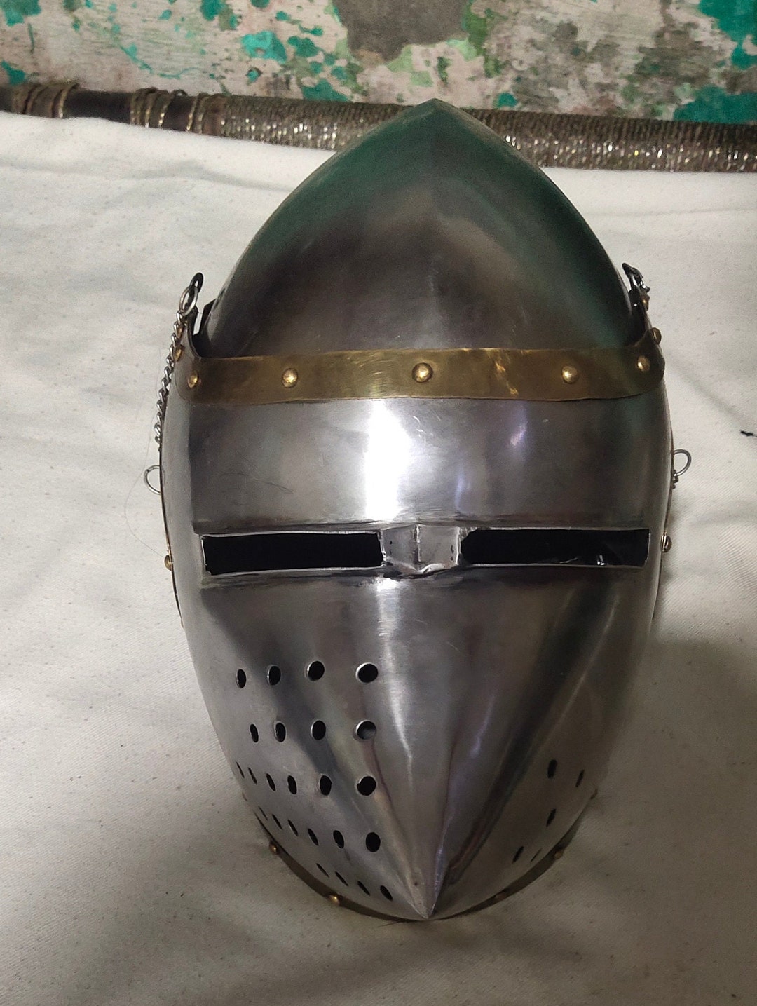 Medieval Silver Finish Pig Face Bascinet Helmet With Brass Trim - Etsy