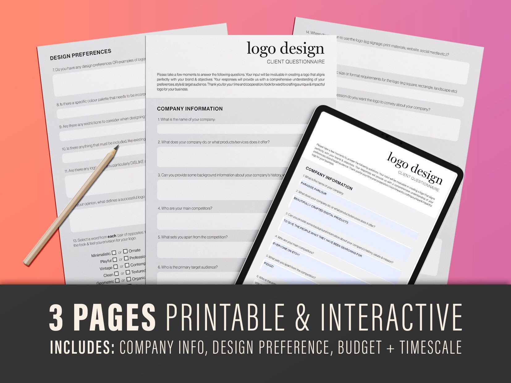 Branding Client Questionnaire | Printable + Fillable PDF | 3 PAGE ...