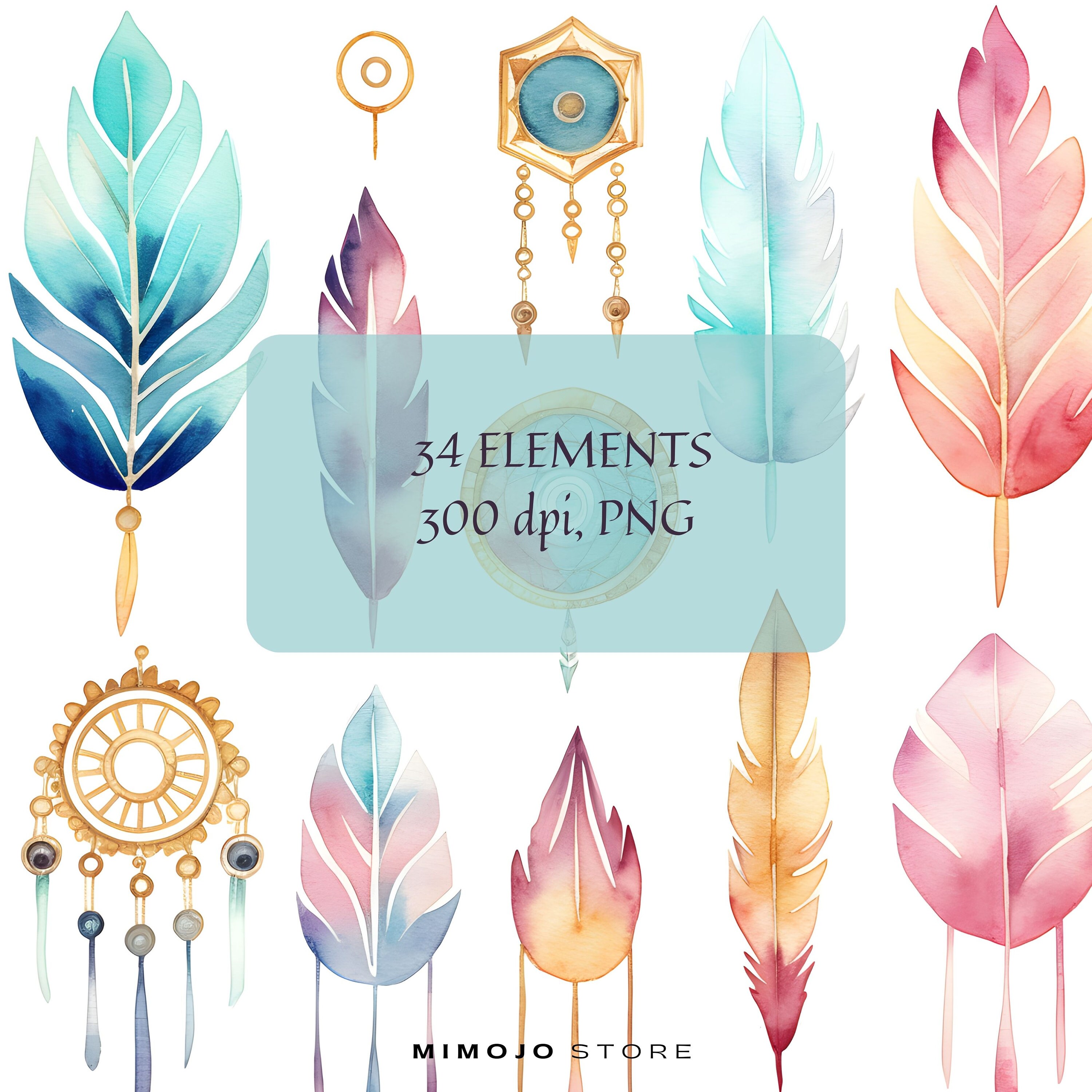 Watercolor BOHO Clip Art Transparent Pngs Digital Art Instant Download ...