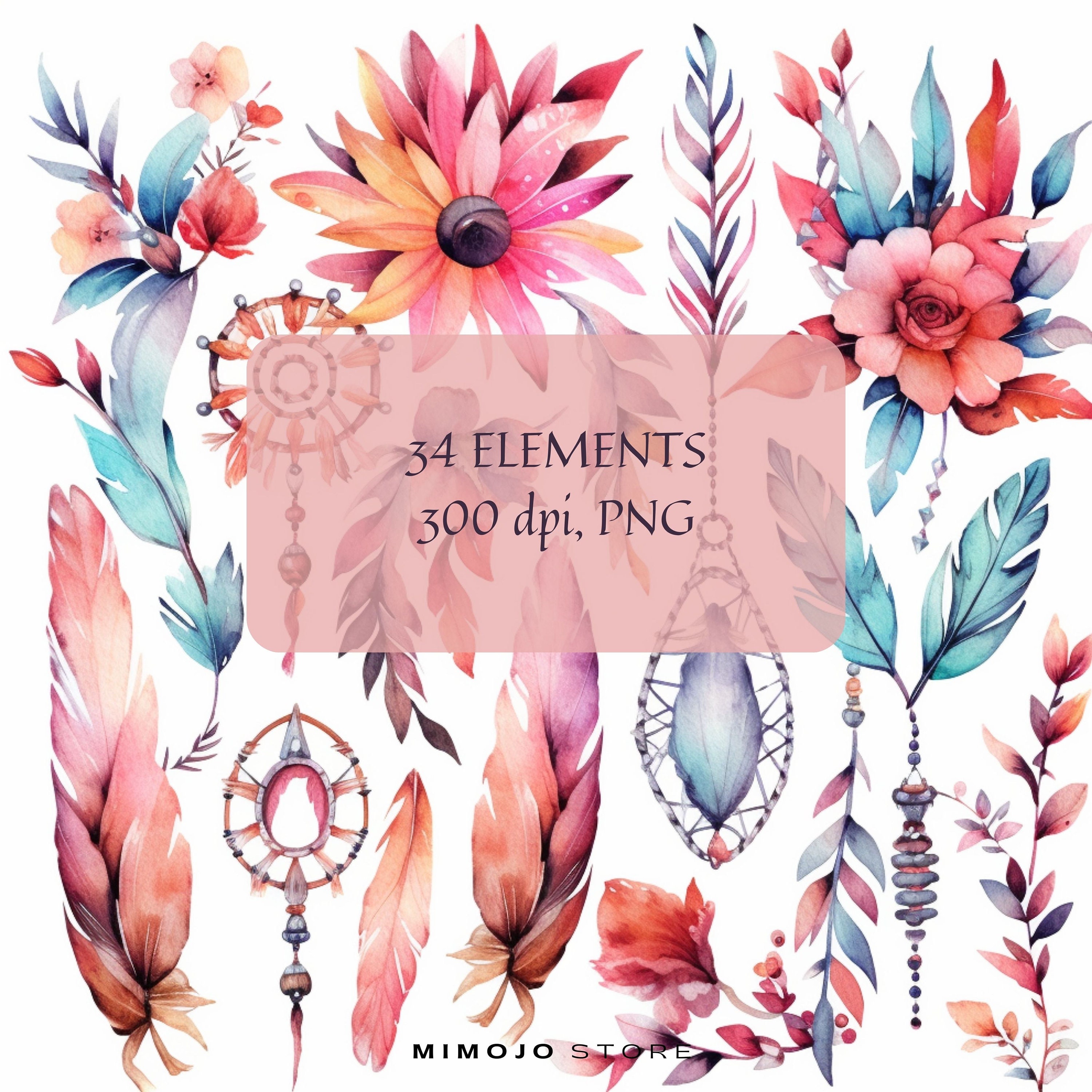 Watercolor BOHO Clip Art Transparent Pngs Digital Art Instant Download ...