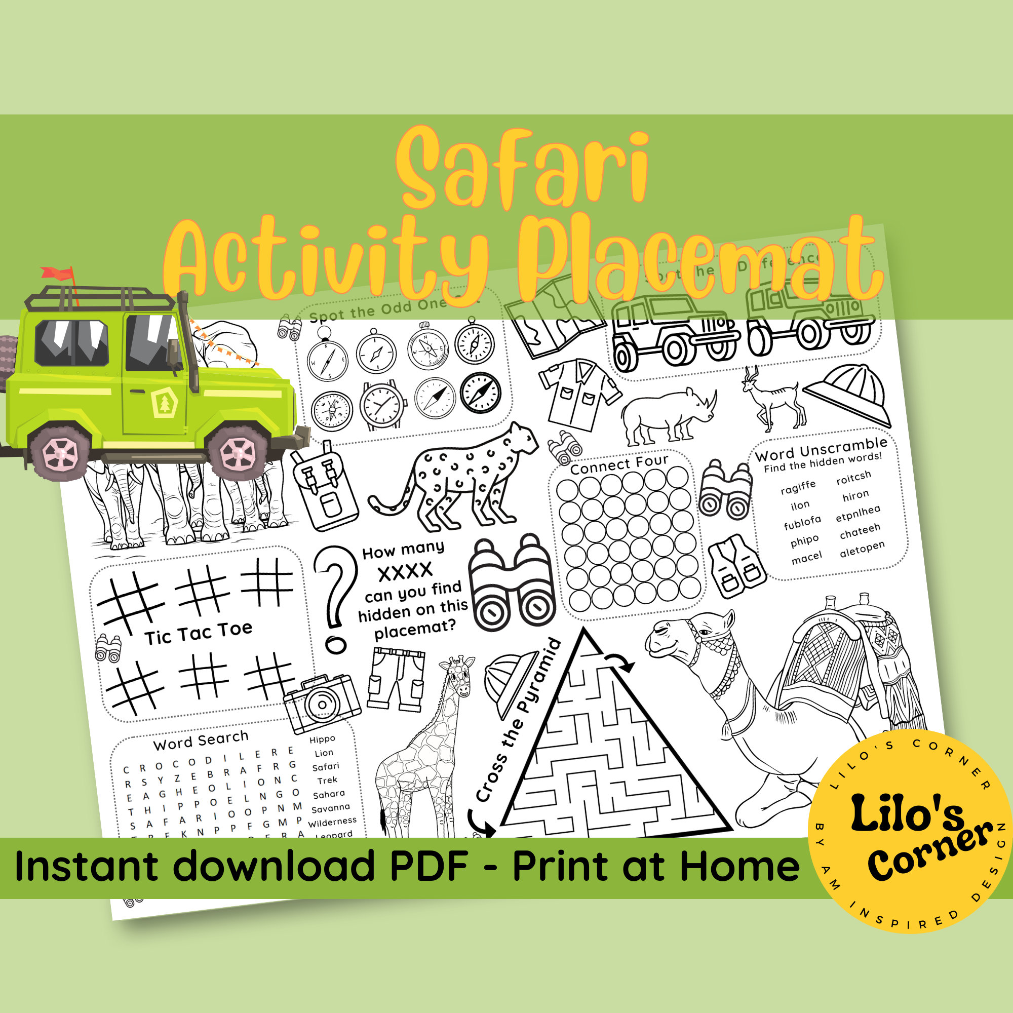 SAFARI Printable Activity Placemat, Activities for Kids, Word Find ...