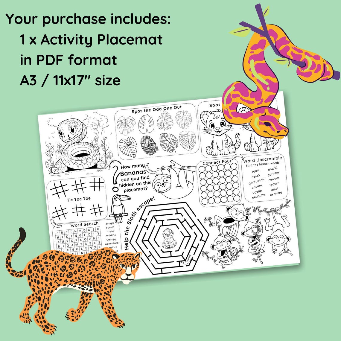 JUNGLE Printable Activity Placemat, Activities for Kids, Word Find ...