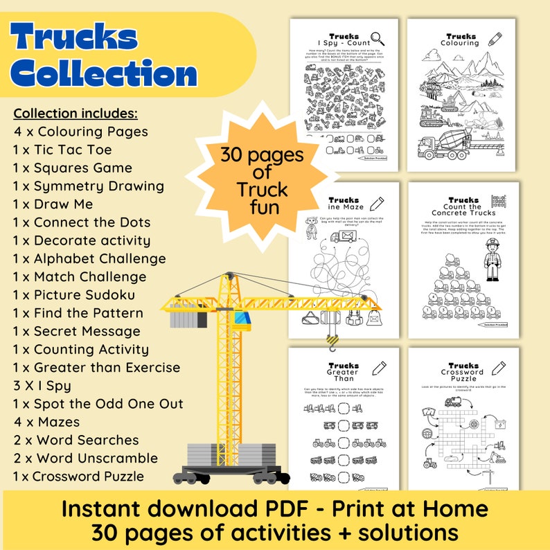 TRUCKS Kids Activity Pack, Activity Sheet for Kids, Coloring Pages, I ...
