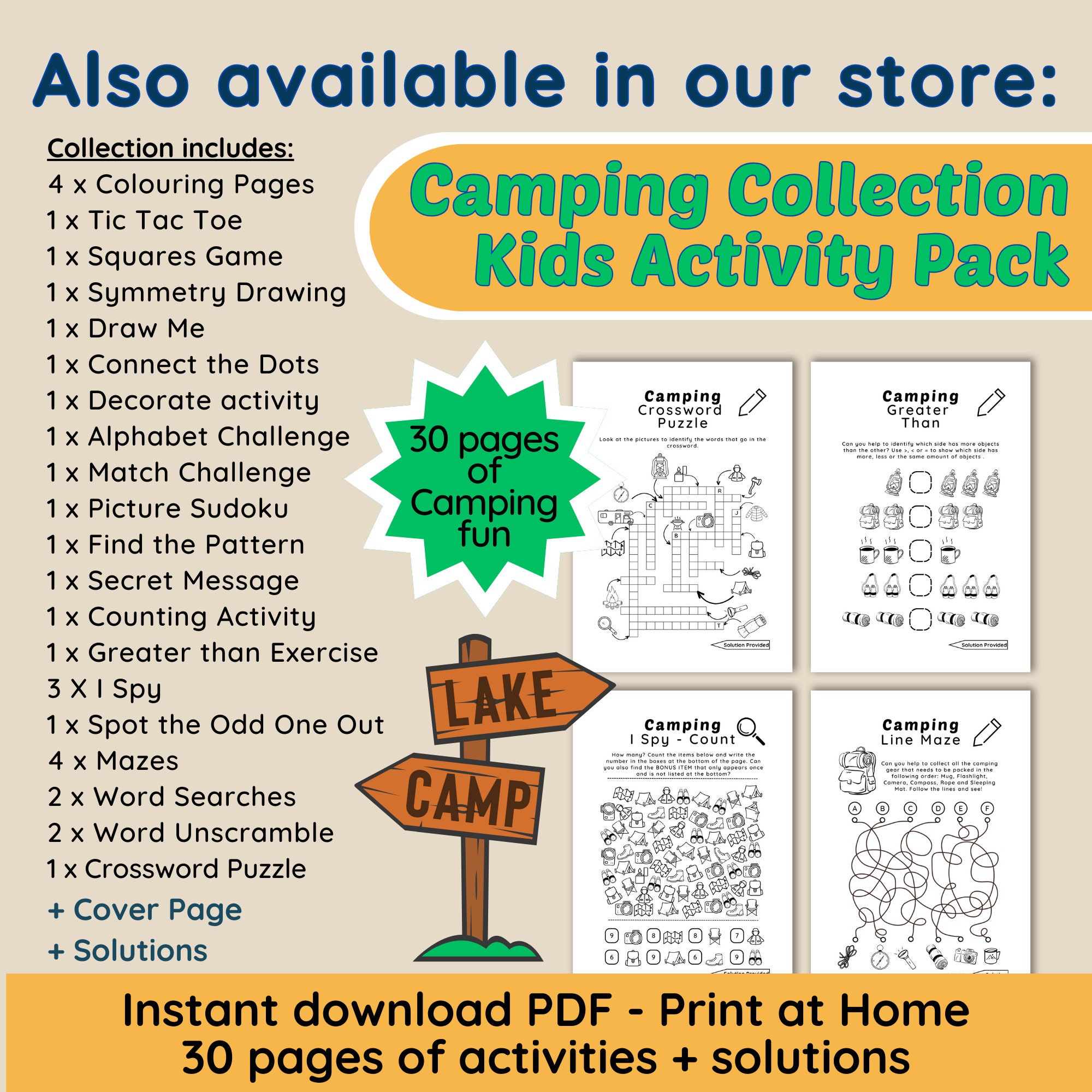 CAMPING Printable Activity Placemat, Activities for Kids, Word Find ...