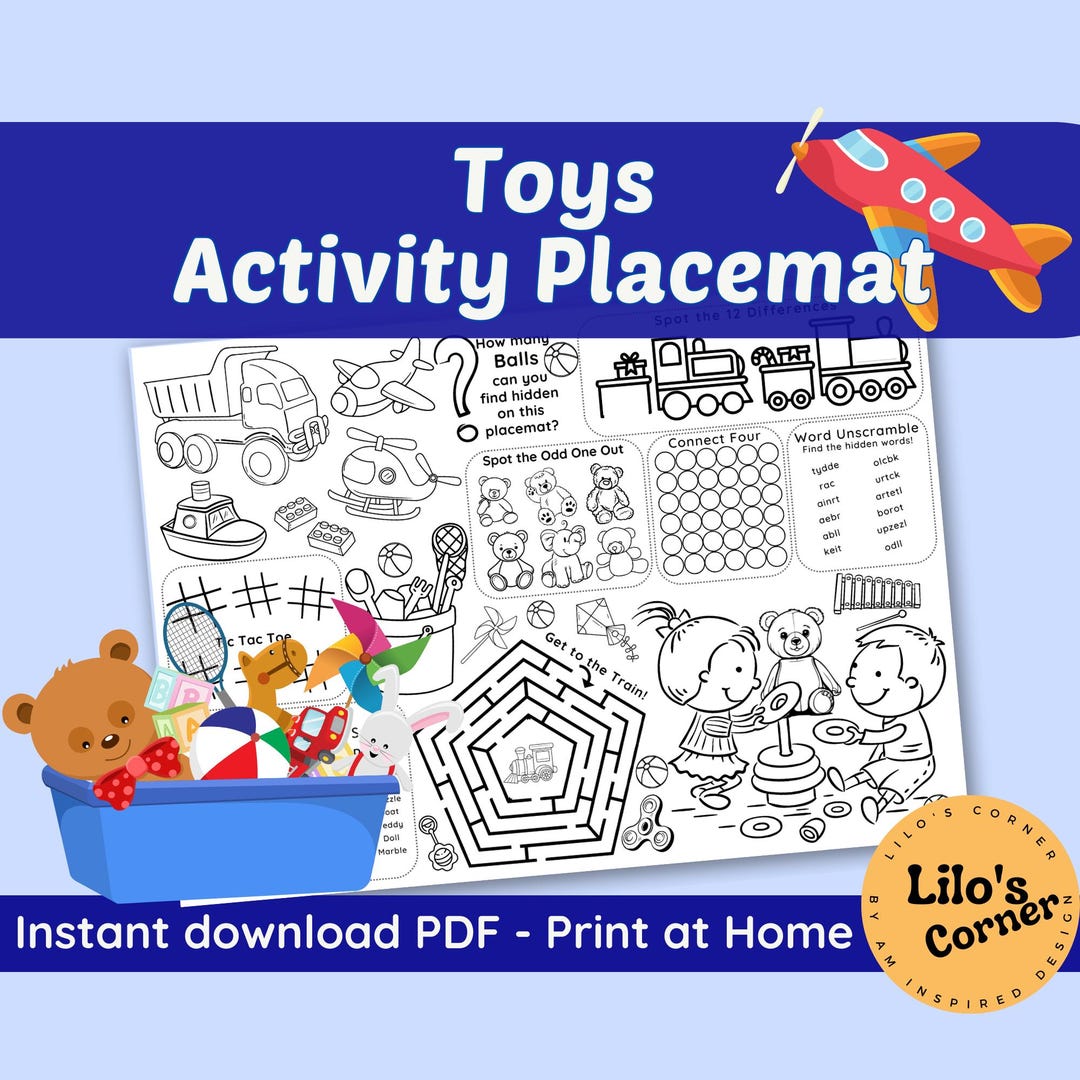 TOYS Printable Activity Placemat, Activities for Kids, Word Find, Mazes ...