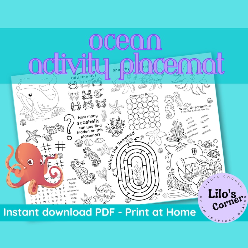 OCEAN Printable Activity Placemat, Activities for Kids, Word Find ...